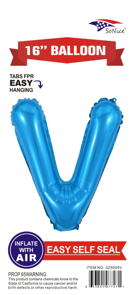 Light Blue Foil Letter V Balloon – 16" Medium Size Wholesale